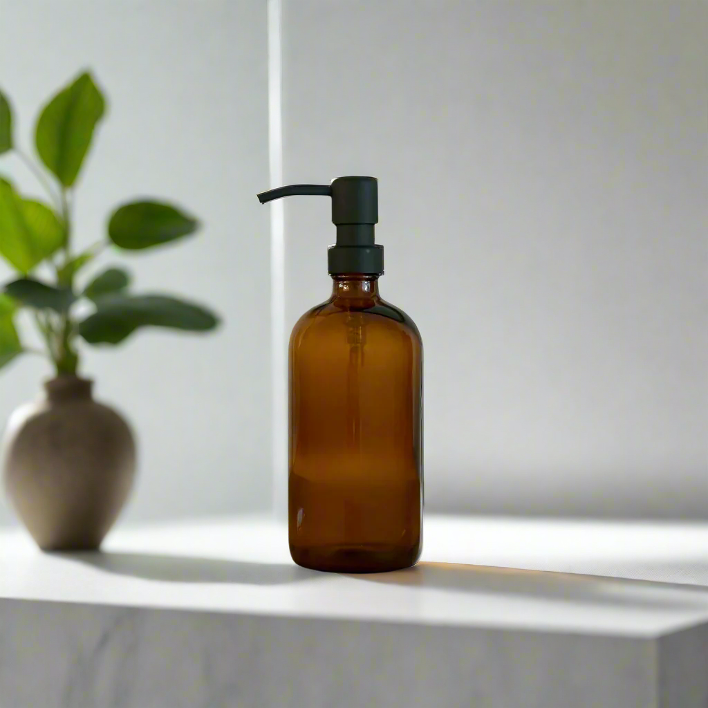 500ml Amber Glass Bottle with Black Stainless Steel Pump - Sustainable ...